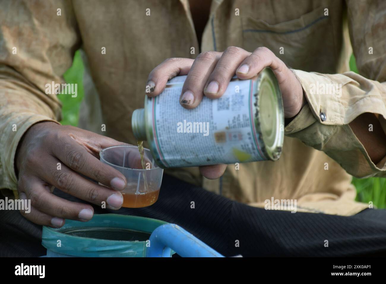 a farmer pouring herbicides and chemical into measuring cup Stock Photo ...