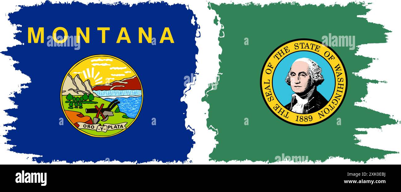 Washington and Montana states grunge brush flags connection, vector ...
