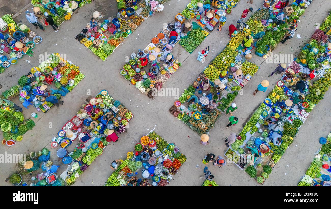 Aerial view of busy local daily life of the morning local market in Vi ...