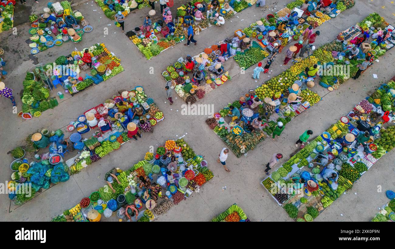 Aerial view of busy local daily life of the morning local market in Vi ...