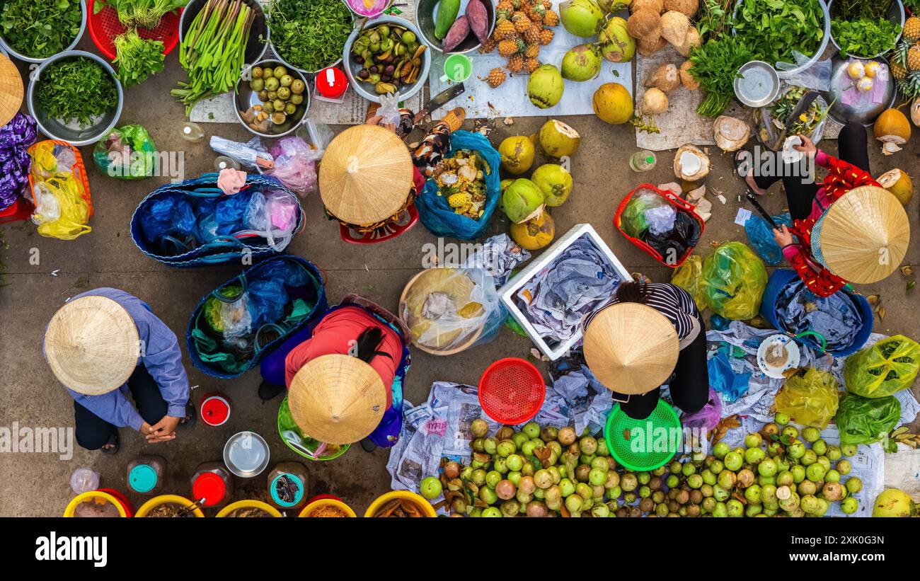 Aerial view of busy local daily life of the morning local market in Vi ...