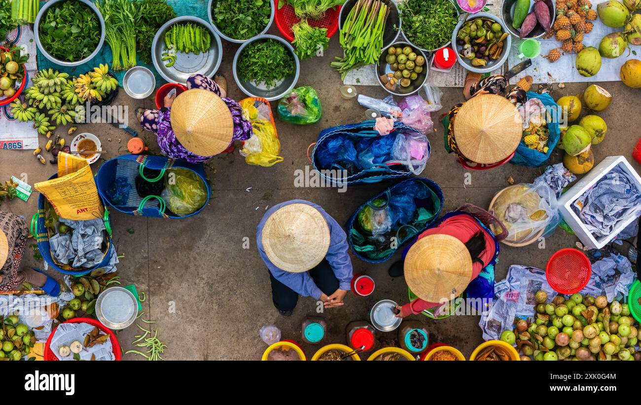 Aerial view of busy local daily life of the morning local market in Vi ...