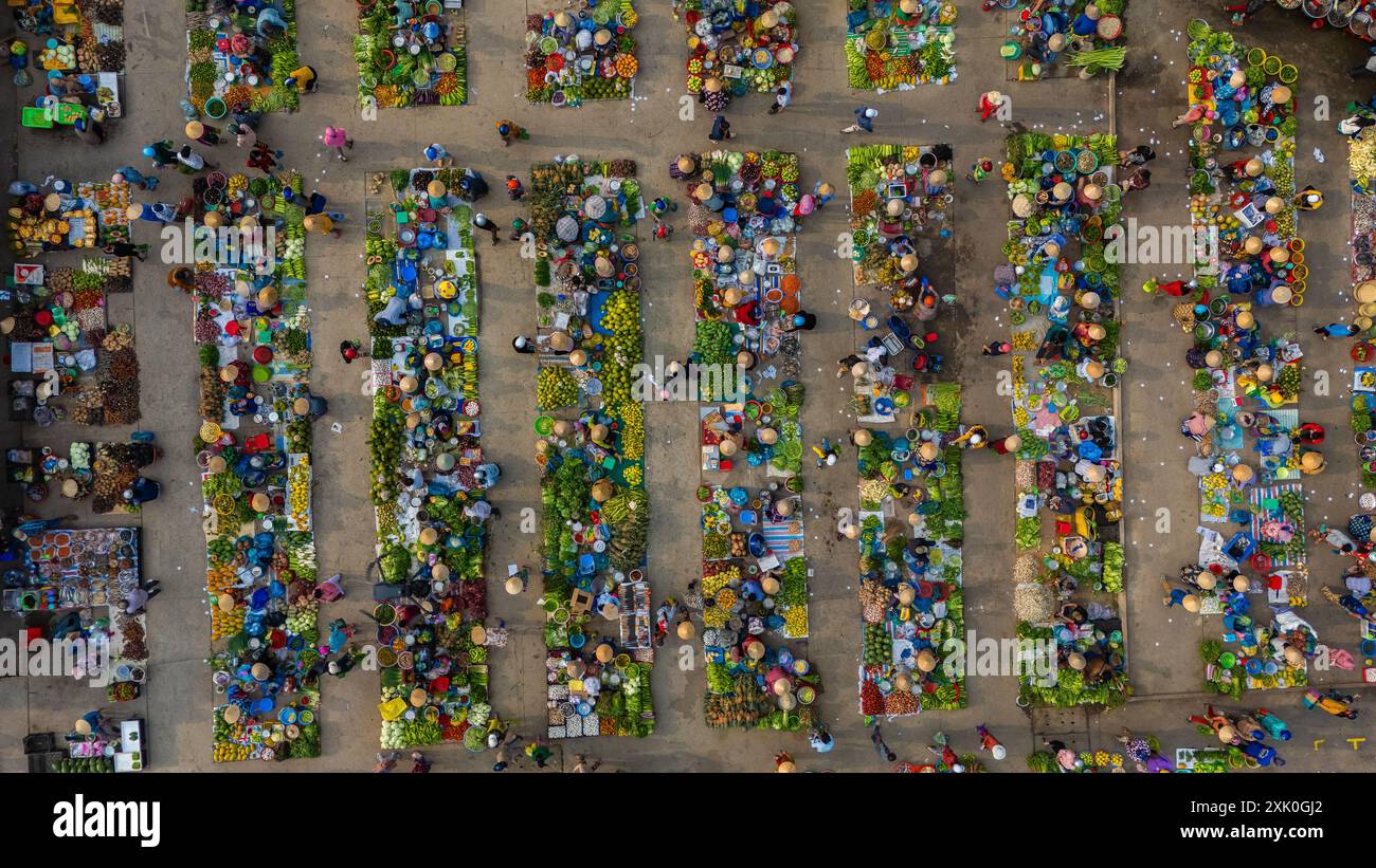 Aerial view of busy local daily life of the morning local market in Vi ...