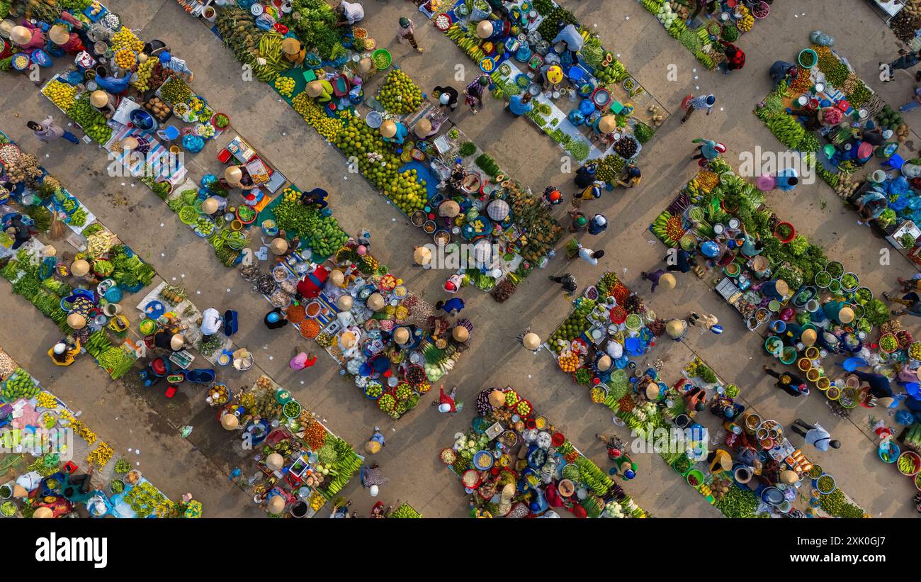 Aerial view of busy local daily life of the morning local market in Vi ...