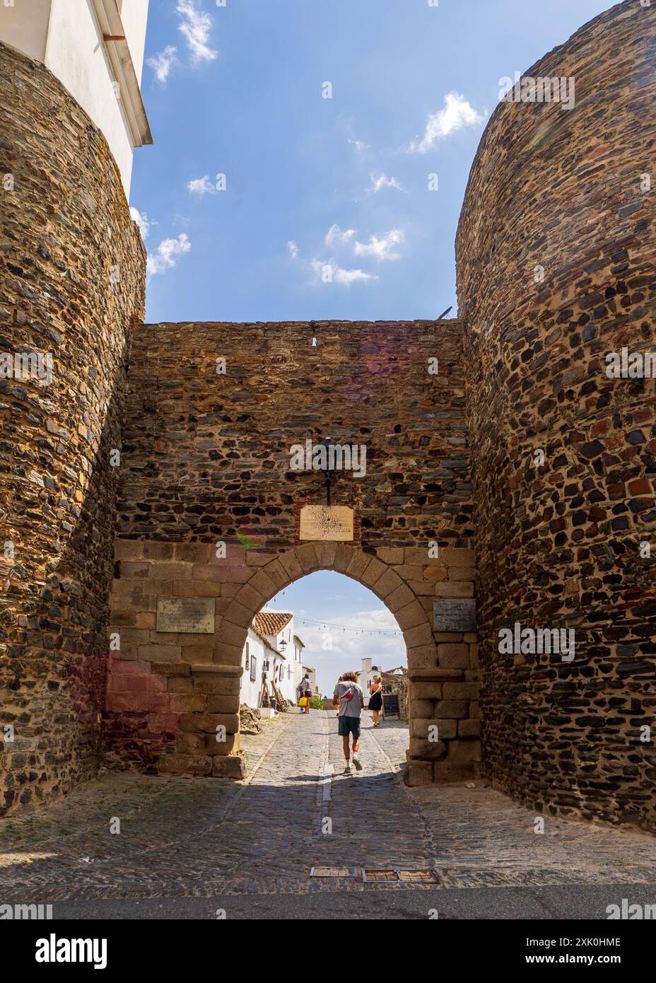 White facades in the medieval village of Monsarrat in the Alentejo of ...