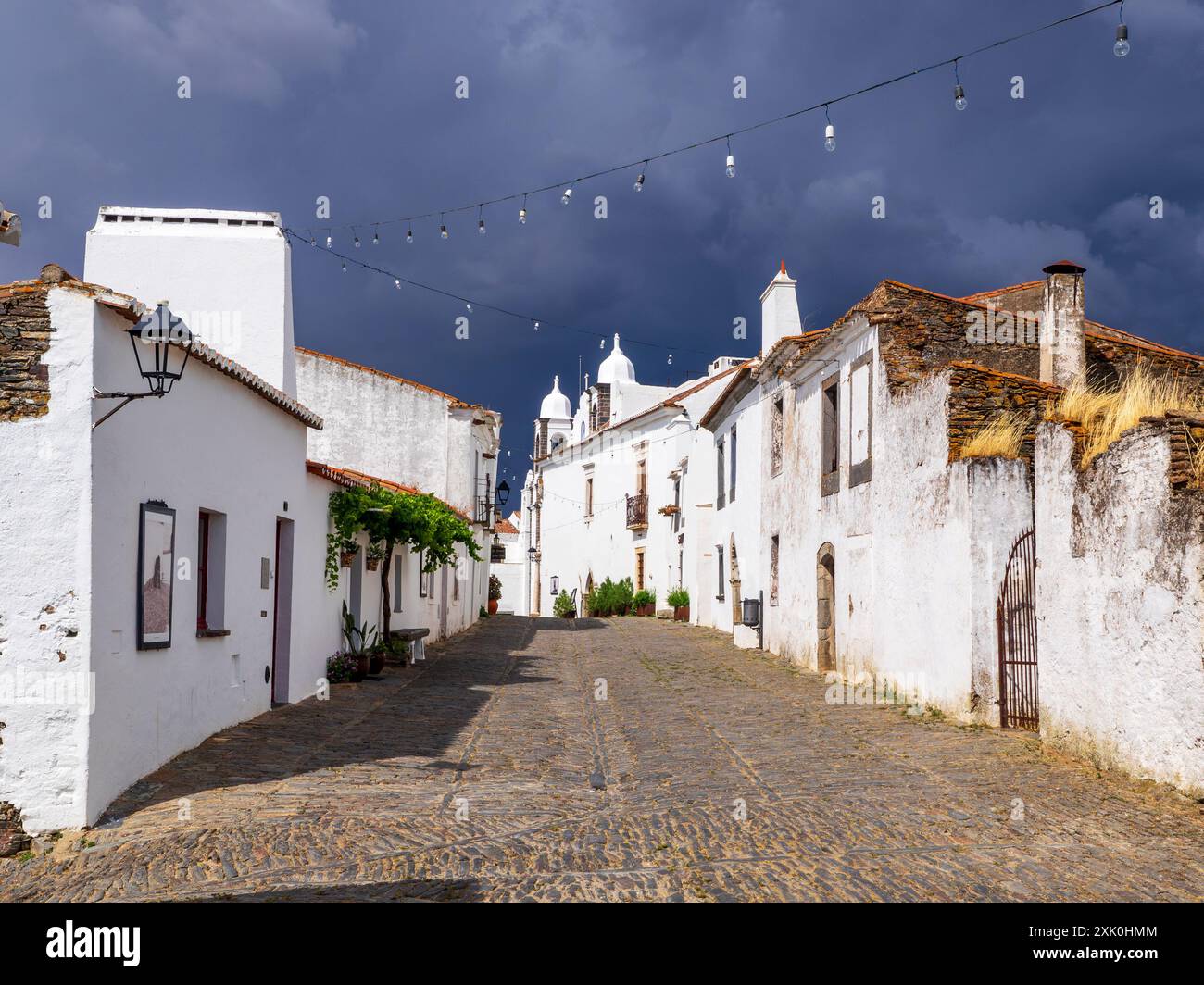 White facades in the medieval village of Monsarrat in the Alentejo of ...