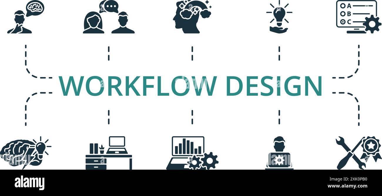 Workflow Design Icon Set Monochrome Simple Workflow Design Icon