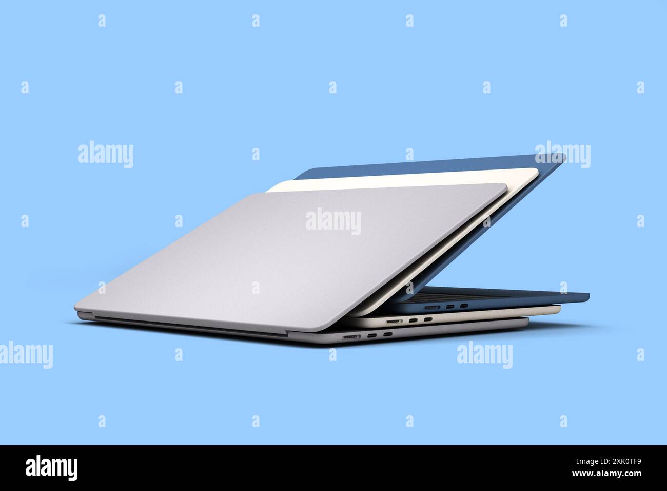 new different color open laptops presentation front view 3d render on ...