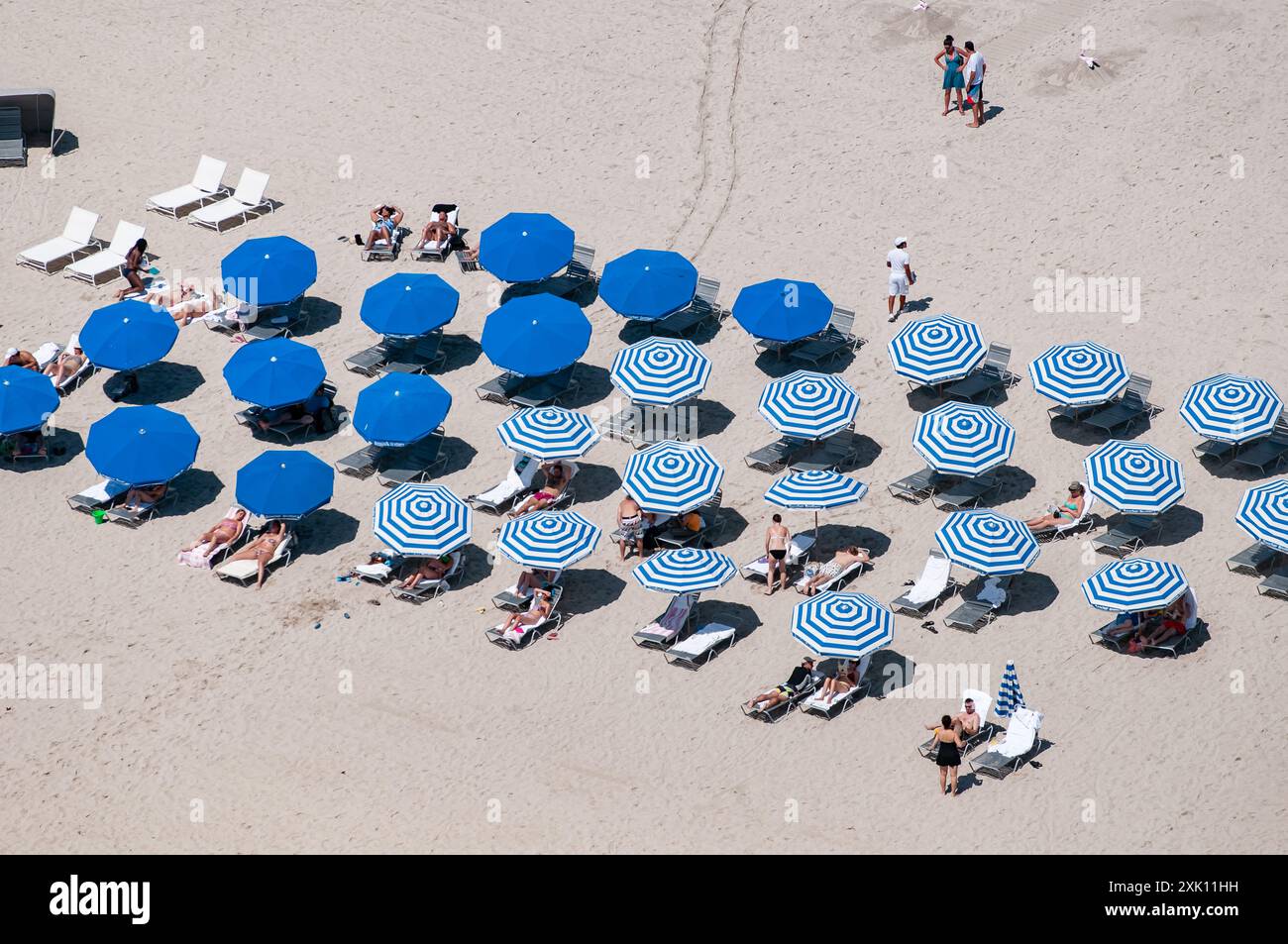 Aerial view of sandy beach Umbrellas on the beach in Miami. Aerial view ...