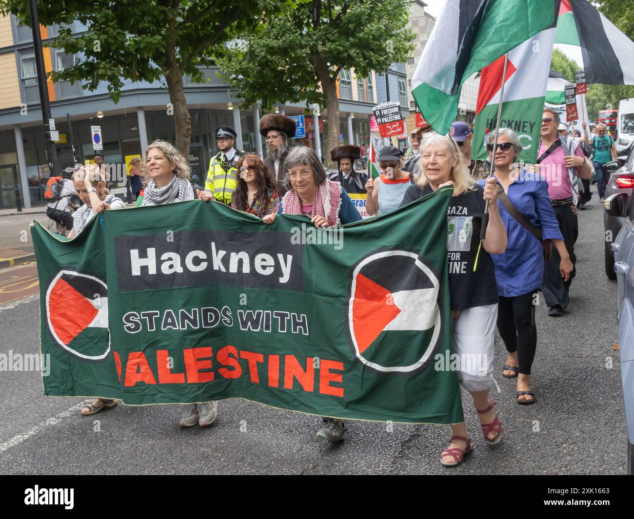 London, UK. 20 July 2024. Marchers from Hackney come to the protest ...