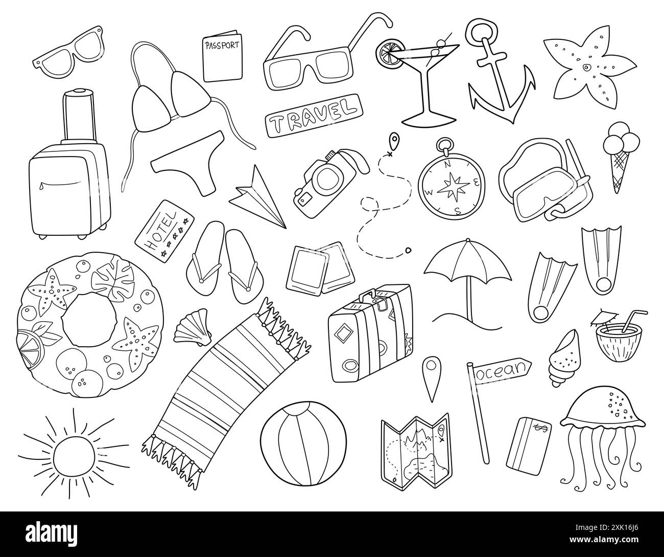 Hand drawn Set of travel Summer Vacation elements, luggage, map ...