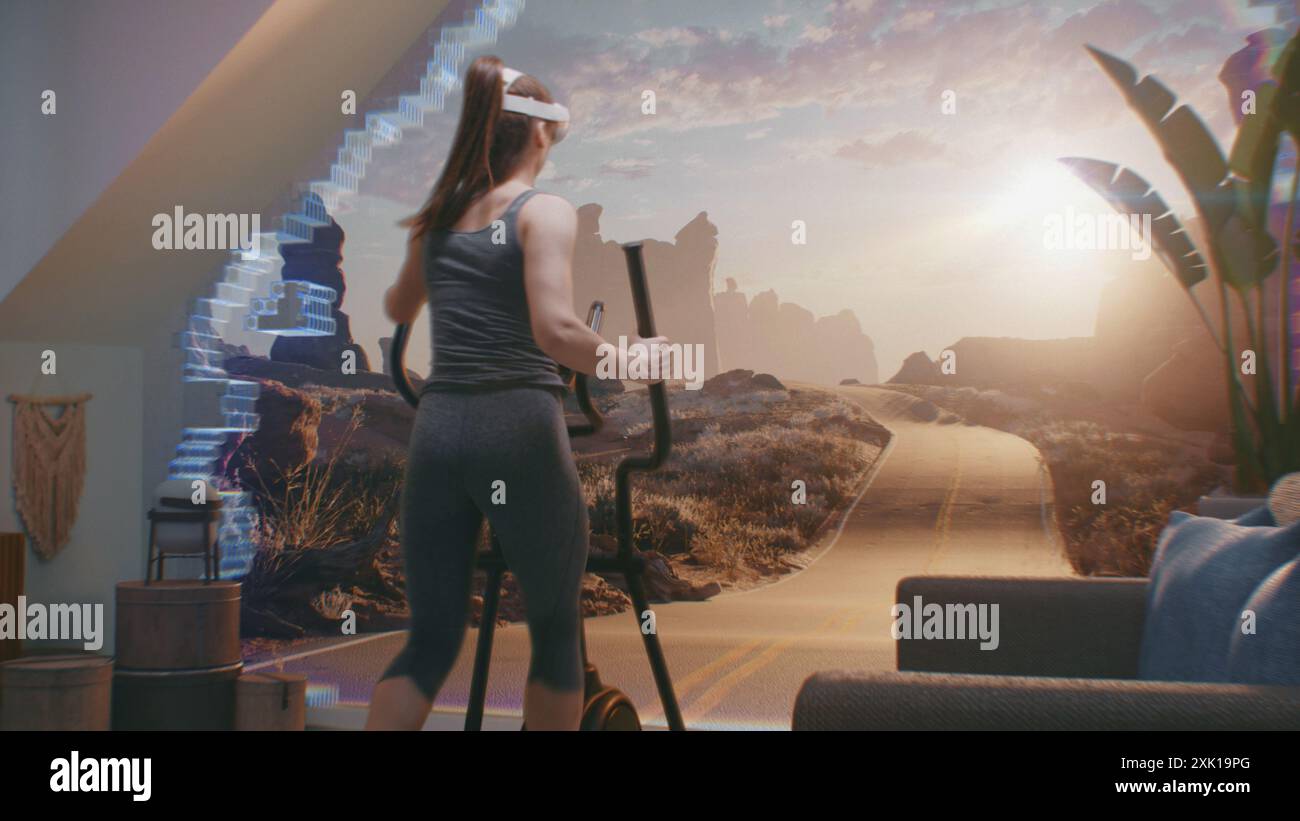 Female athlete in AR headset trains on orbitrek simulator. Virtual ...