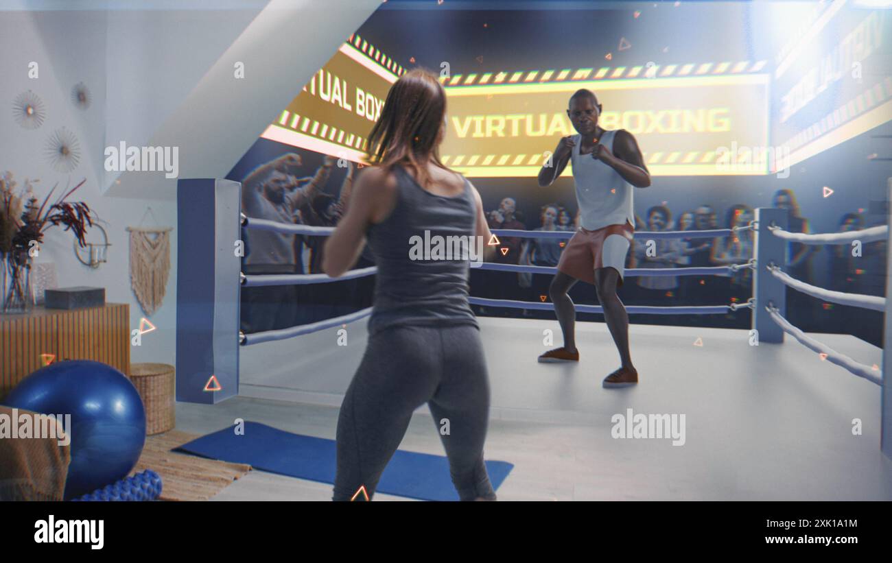 Female athlete wearing augmented reality headset starts boxing training ...
