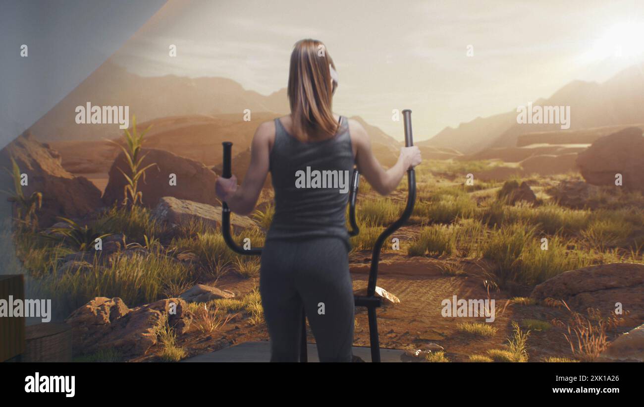 Female athlete wearing virtual reality headset starts training on ...