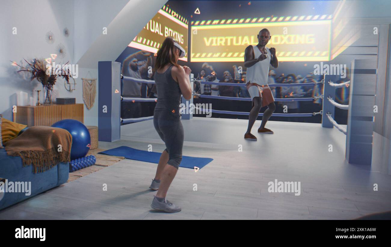 Female athlete wearing augmented reality headset starts boxing training ... Female athlete wearing augmented reality headset starts boxing training ...