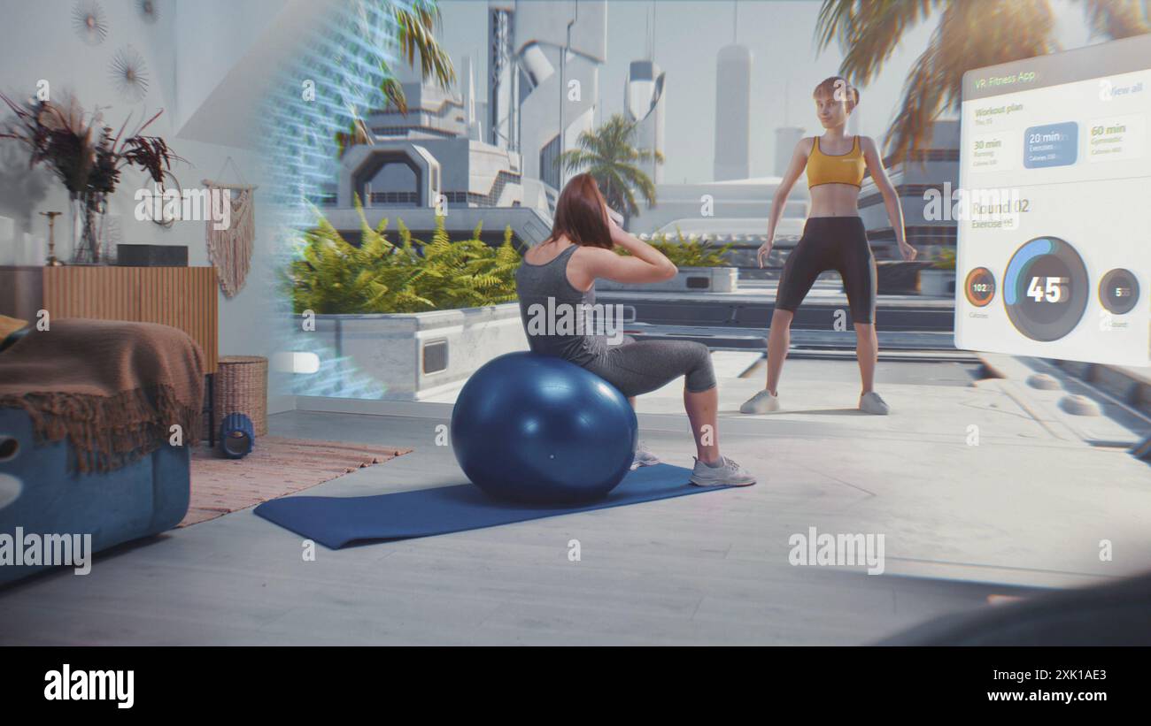 Sportswoman in AR headset exercises with fitball. VR screen shows ...
