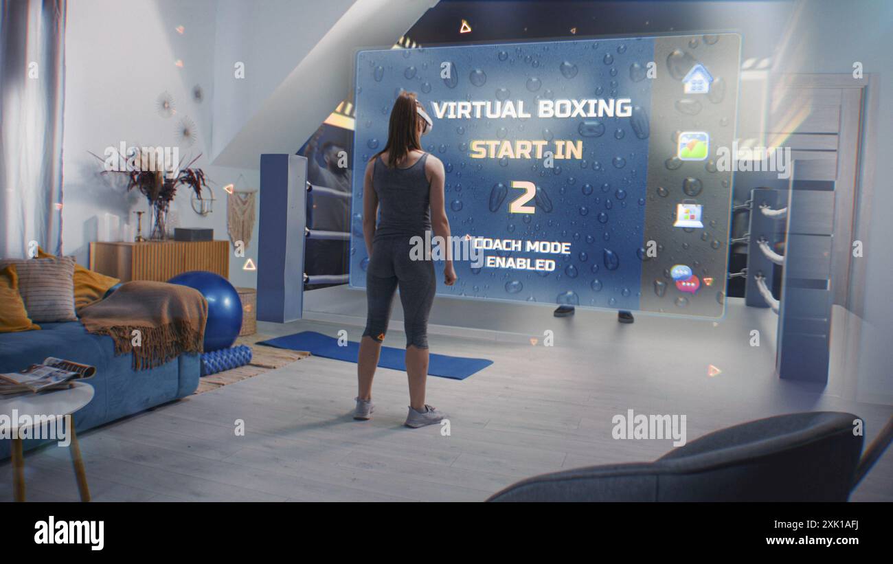 Female athlete wearing augmented reality headset starts boxing training ...