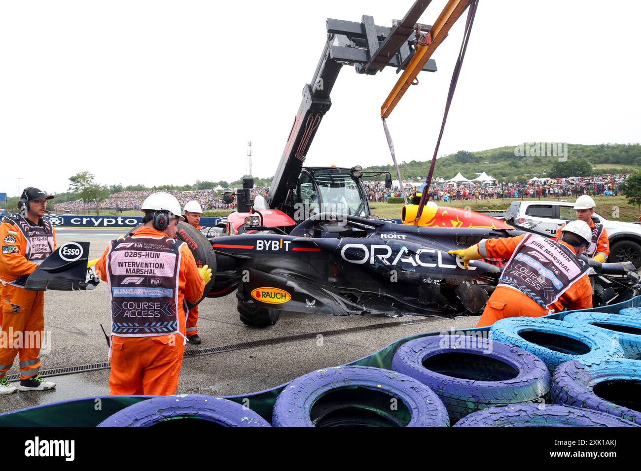Budapest, Hungary. 20th July, 2024. Damaged car of #11 Sergio Perez ...