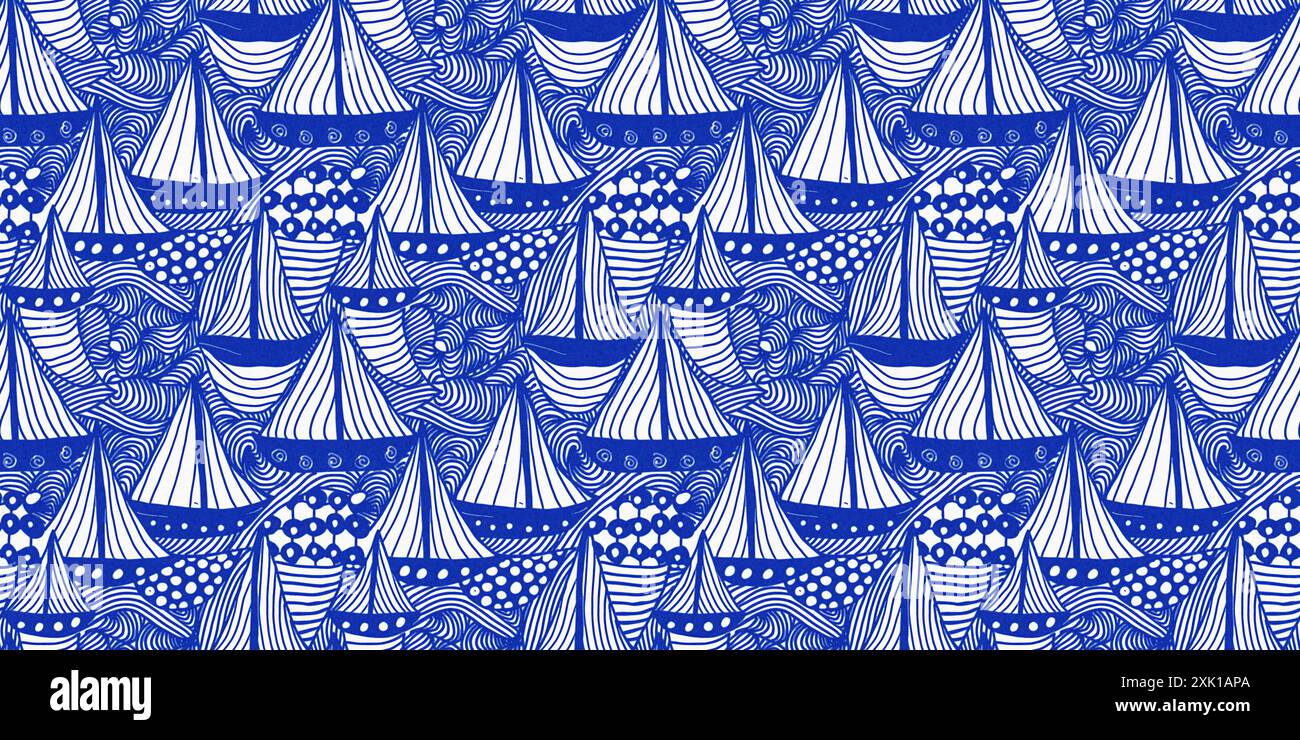 Coastal sail boat in azure ocean blue seamless border background ...