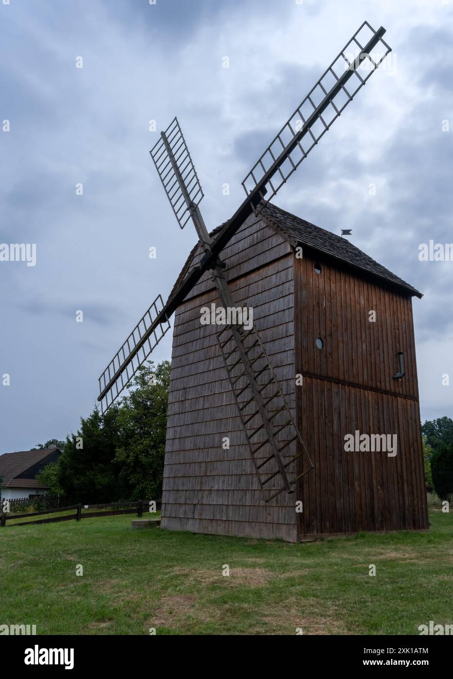 Wooden windmill, Technical monument - front view Stock Photo - Alamy