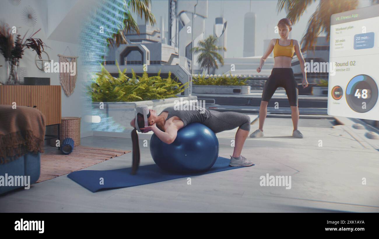 Sportswoman in AR headset exercises with fitball. VR screen shows ...