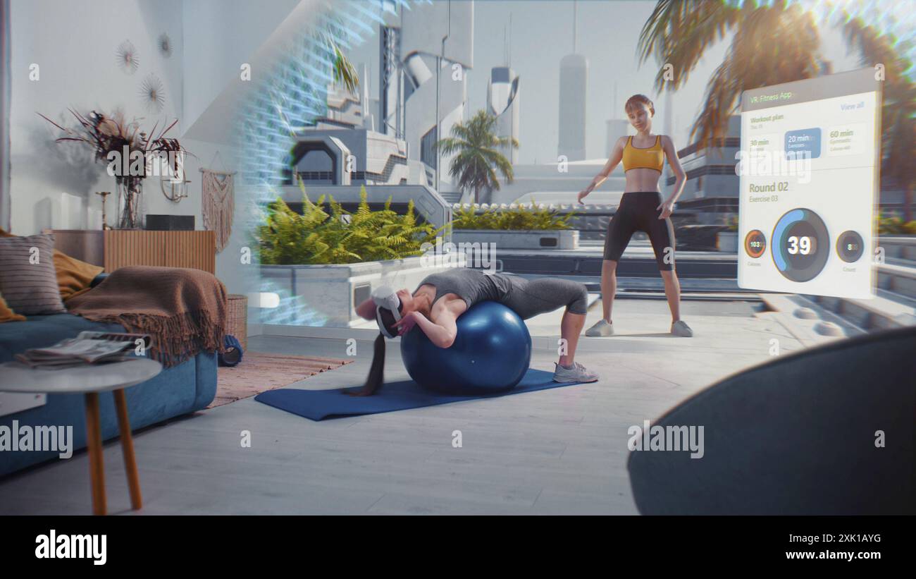 Sportswoman in AR headset exercises with fitball. VR screen shows ...