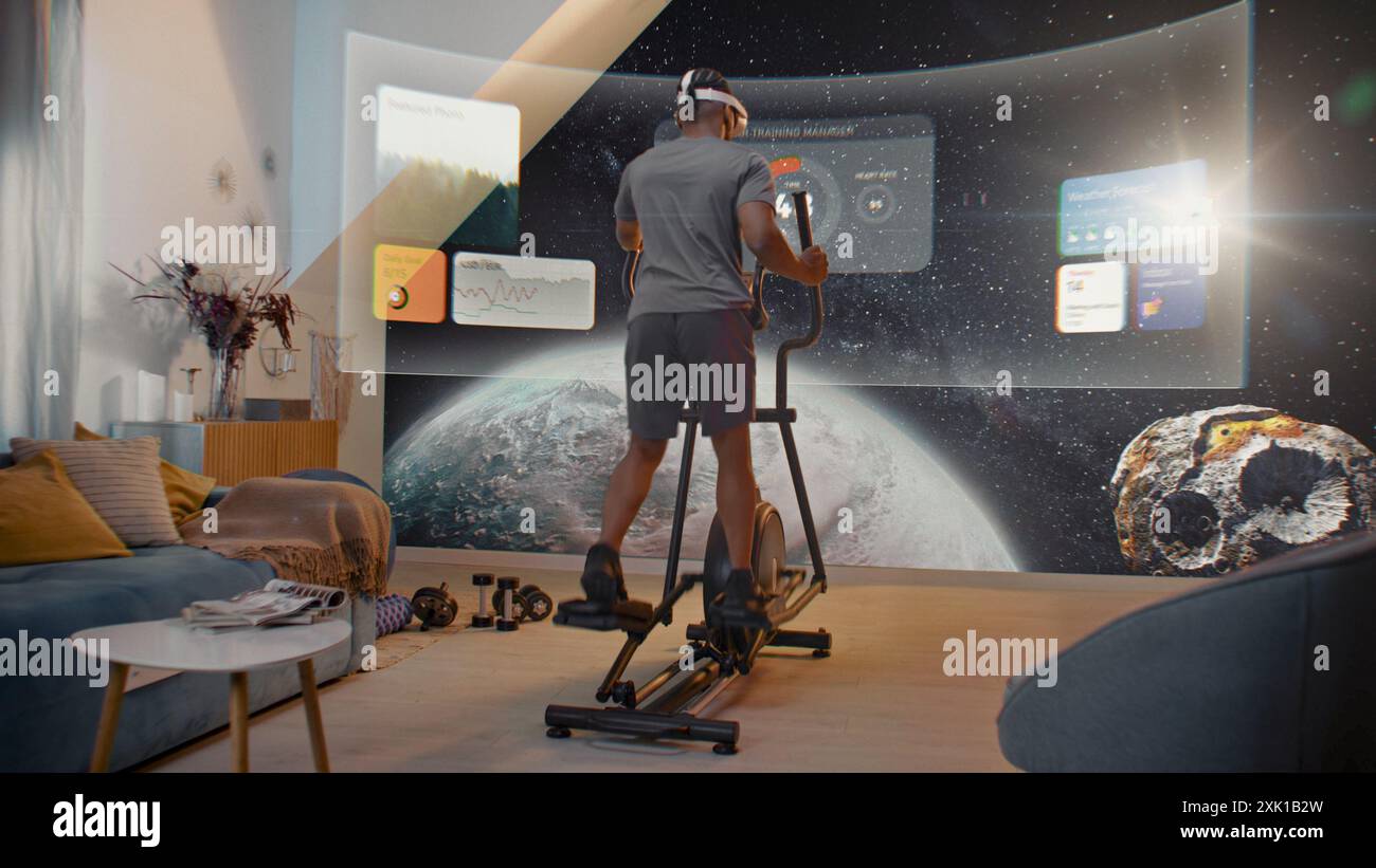 Metaverse futuristic home gym. African American athlete in VR headset ...