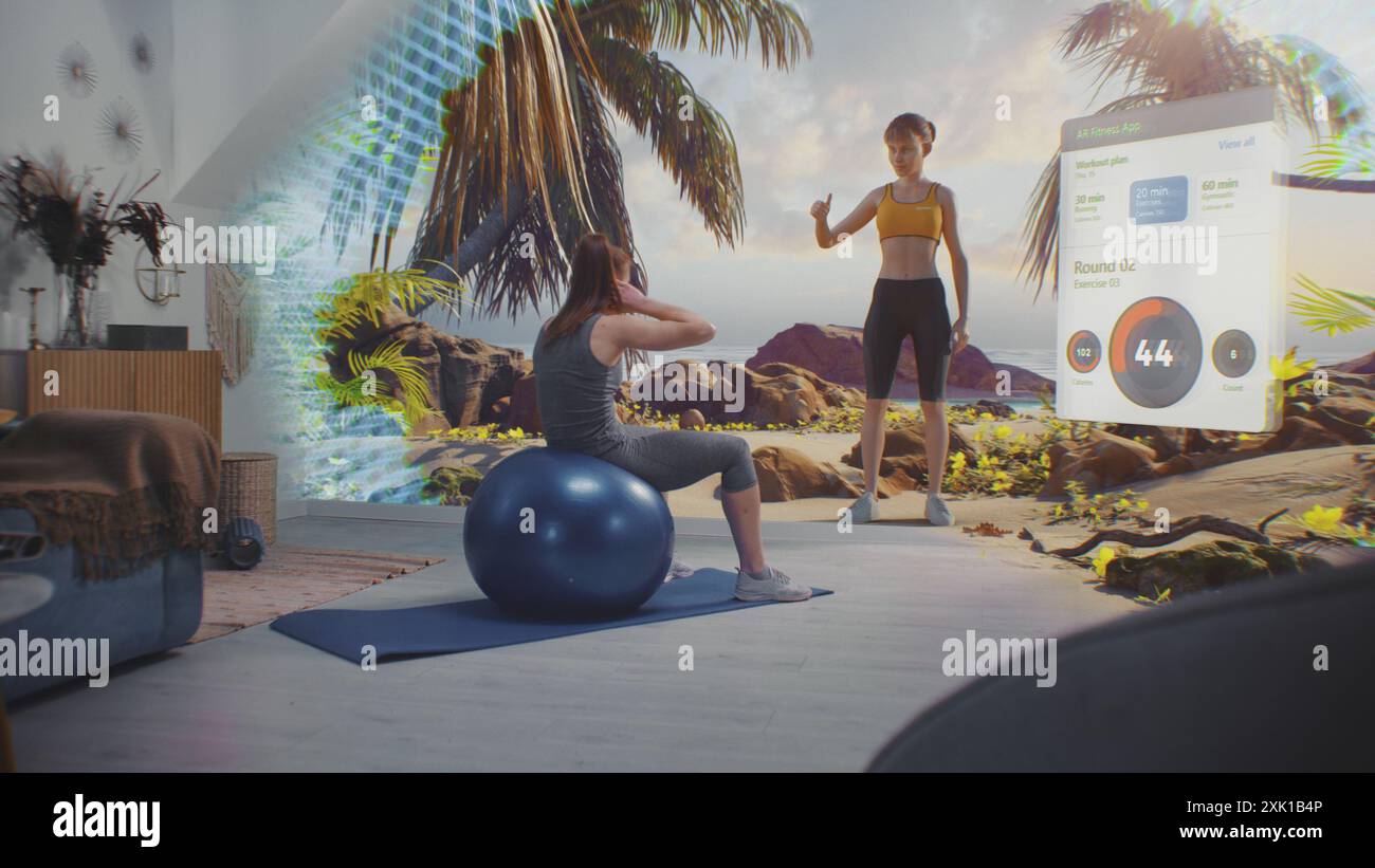 Female athlete trains with fitball. VR screen shows virtual coach and ...