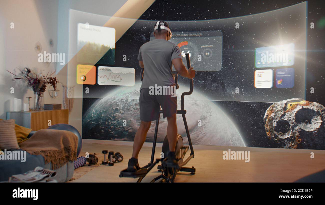 Metaverse futuristic home gym. African American athlete in VR headset ...