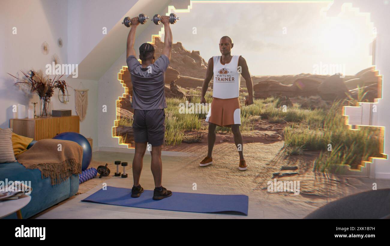 African American athletic man starts training with dumbbells. VR screen ...