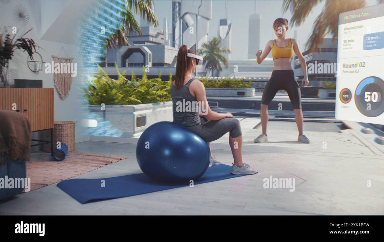Sportswoman in AR headset exercises with fitball. VR screen shows ...