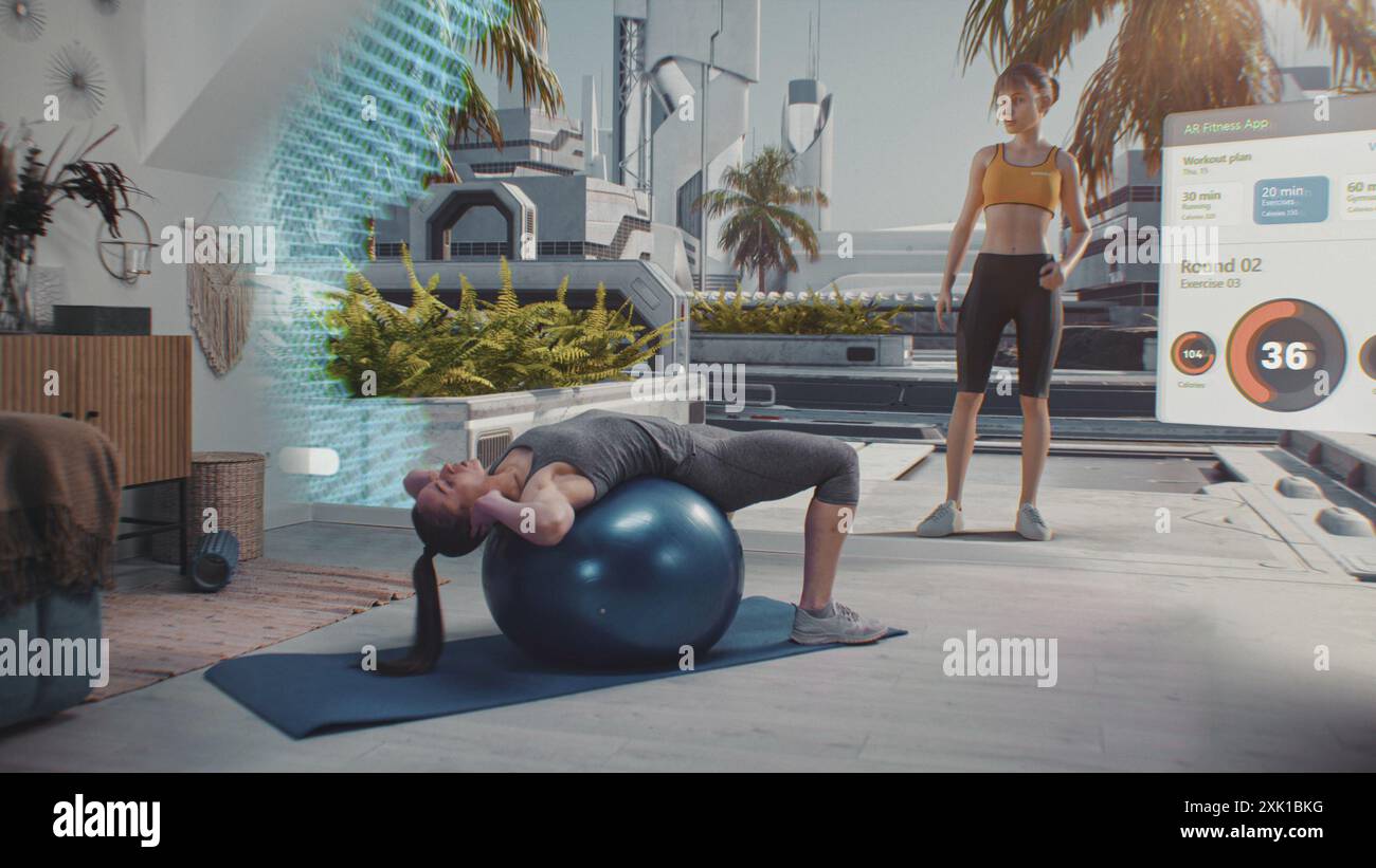 Female athlete exercises with fitball. VR screen with displayed virtual ...