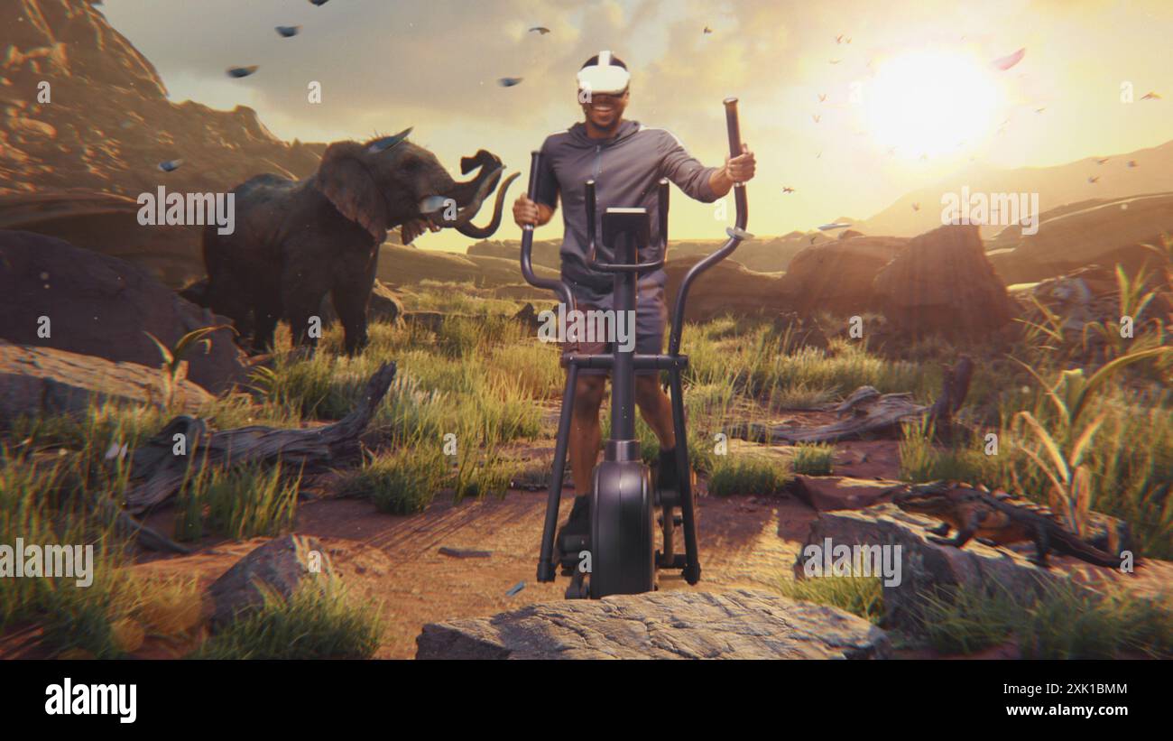 African American sportsman puts on VR headset and starts training on ...