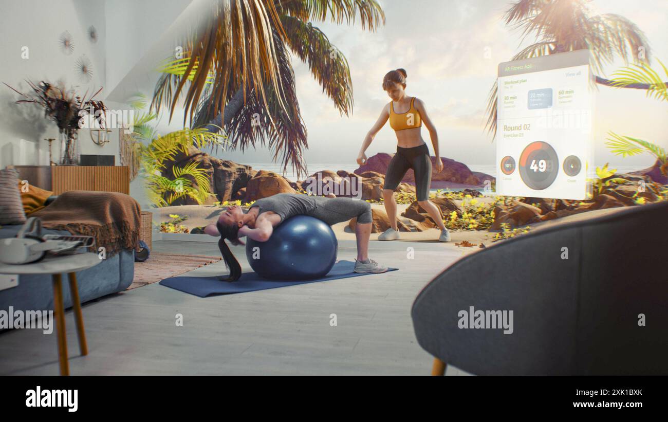 Athletic woman exercises with fitball. VR screen with displayed virtual ...