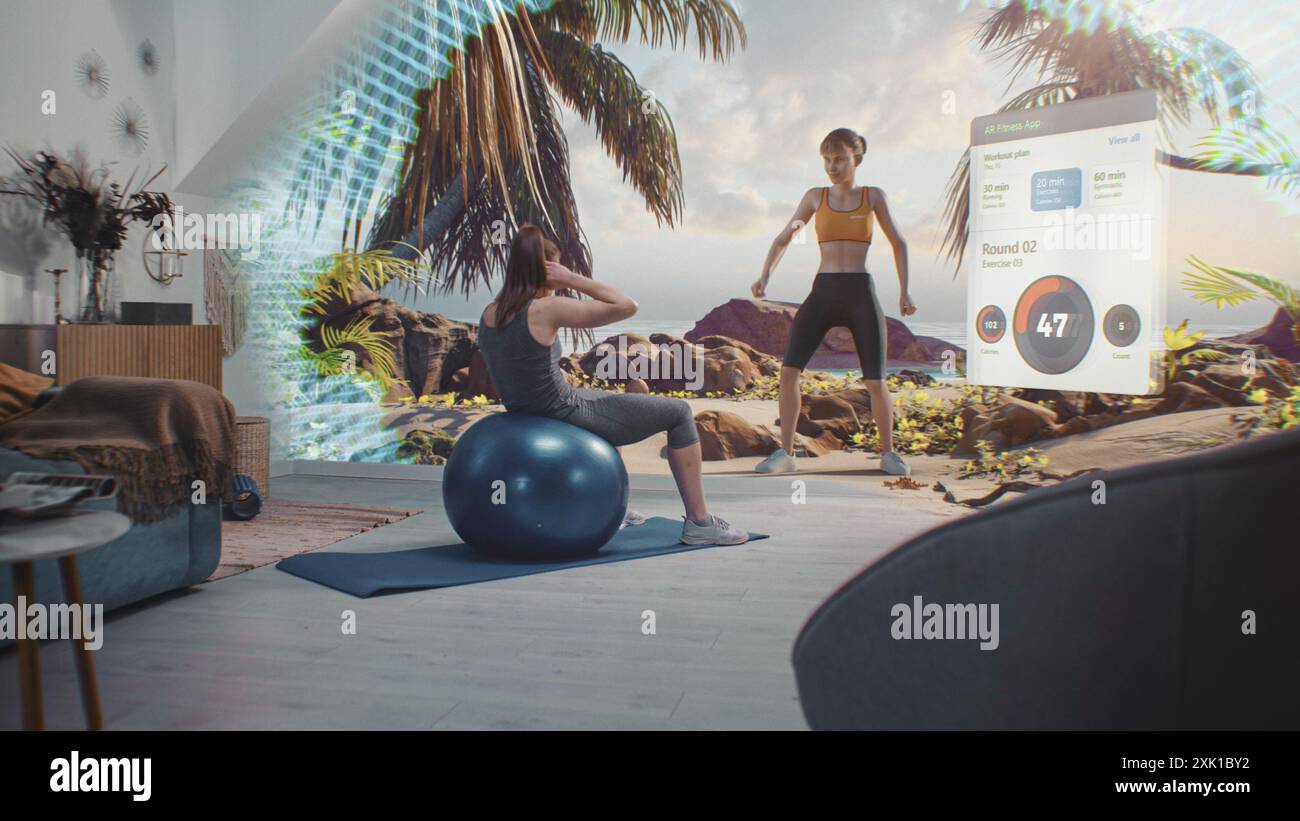 Athletic woman exercises with fitball. VR screen with displayed virtual ...