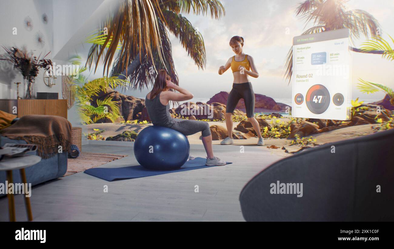 Athletic woman exercises with fitball. VR screen with displayed virtual ...