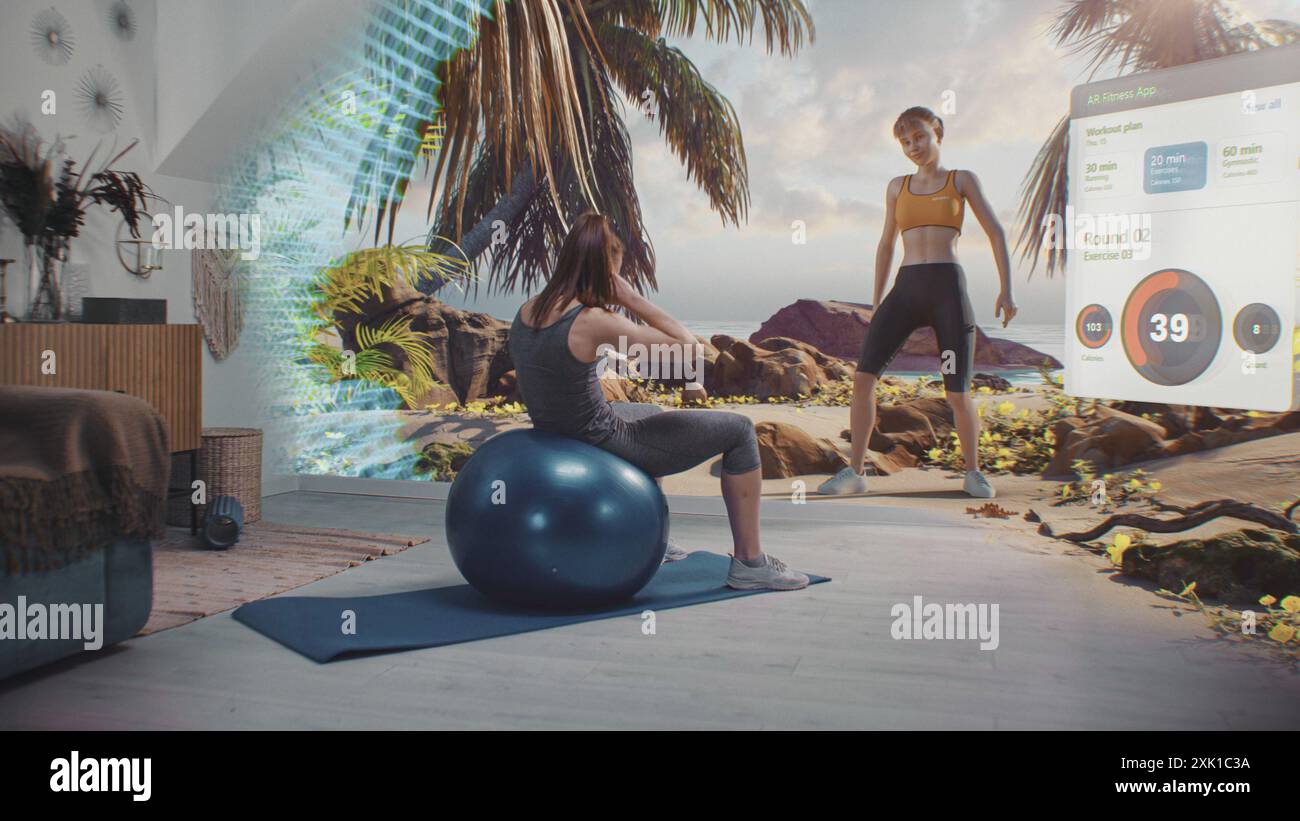 Athletic woman exercises with fitball. VR screen with displayed virtual ...
