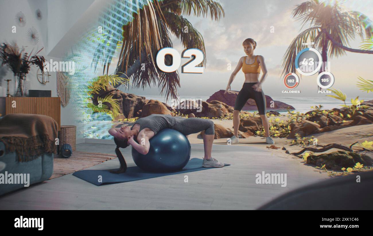 Female athlete exercises with fitball. VR screen with displayed virtual ...