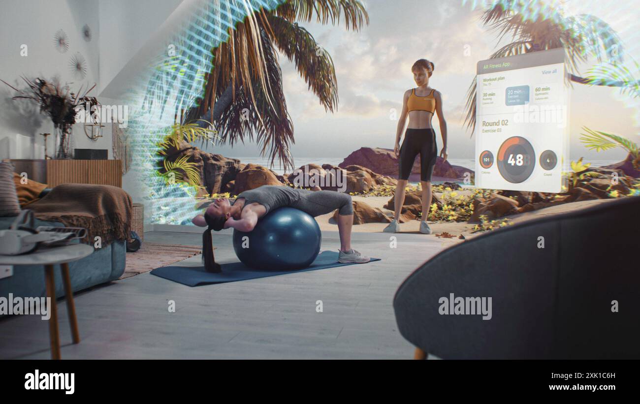 Female athlete trains with fitball. VR screen shows virtual coach and ...