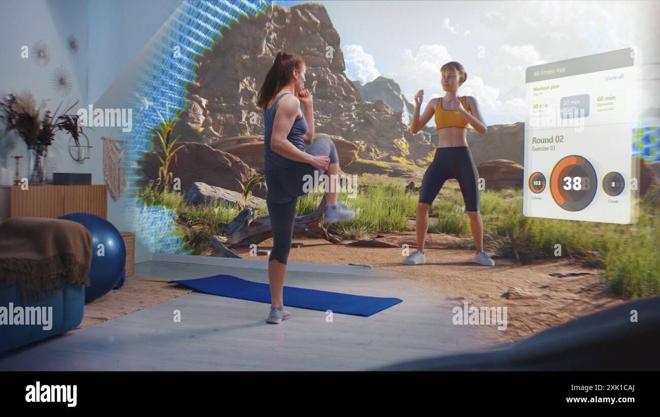 Sportswoman starts exercising. VR screen shows virtual trainer and interface of AR fitness app ...