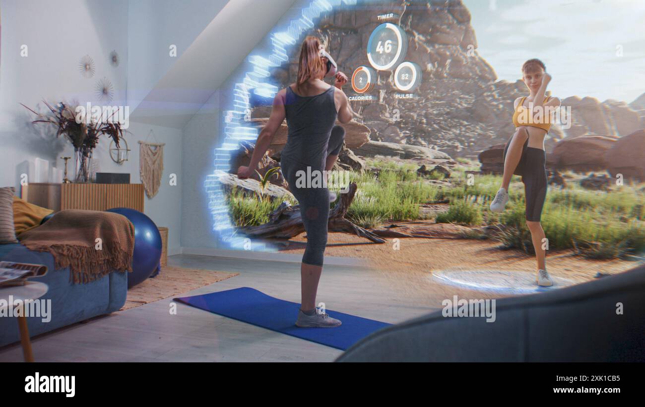 Athletic woman wears on AR headset and exercises doing squats. VR ...