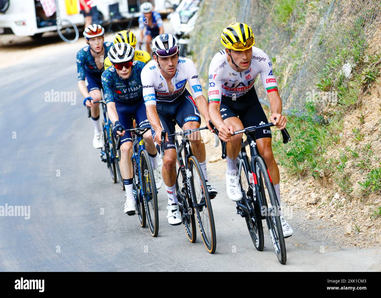 Nice, France, France. 20th July, 2024. João Almeida sets the pace with Remco Evenpoel, Jonas ...