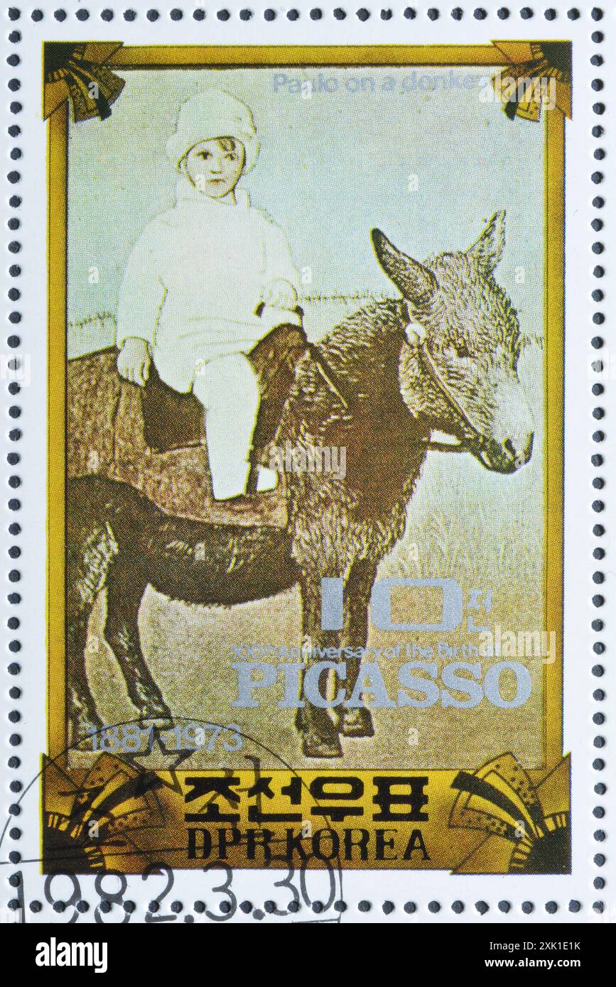 Cancelled postage stamp printed by North Korea, that shows painting ...