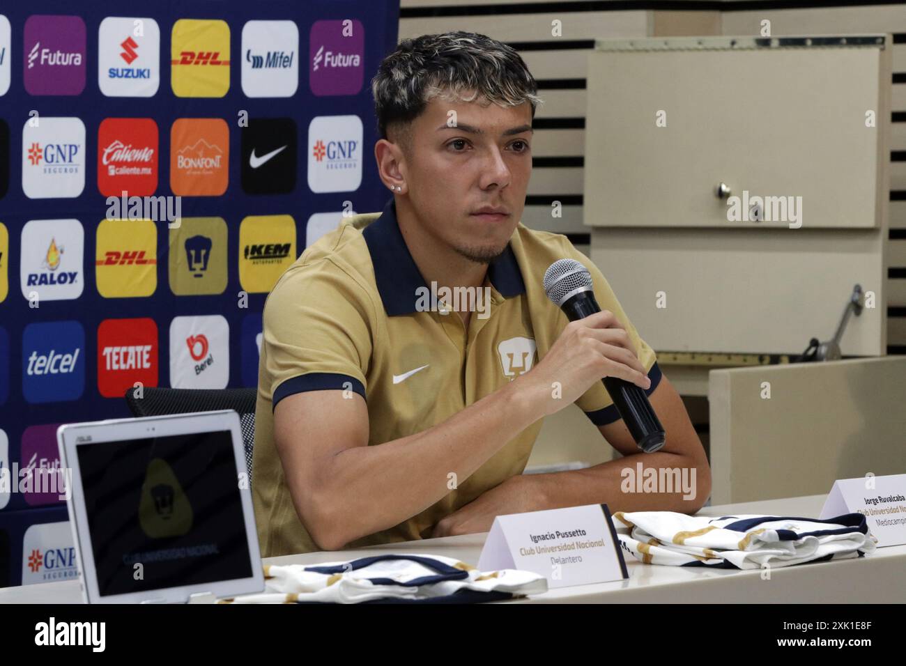 Mexico City, Mexico. 19th July, 2024. Midfielder Jorge Ruvalcaba speaks ...