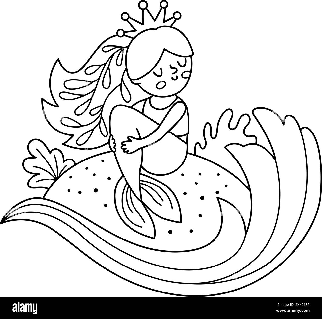 Fairy tale black and white vector mermaid sitting on a sand, lapped by ...