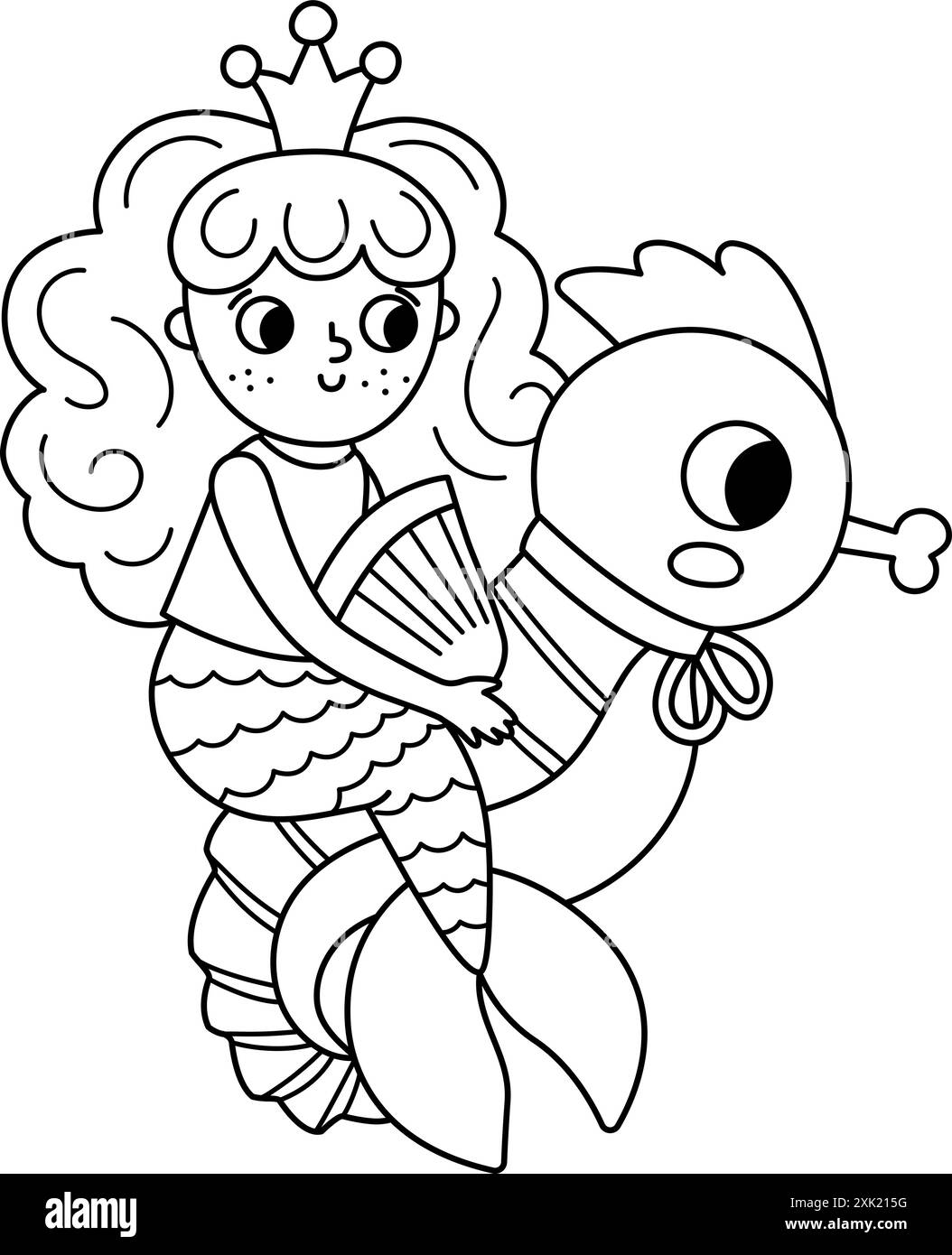 Fairy tale black and white vector mermaid riding seahorse. Fantasy girl ...
