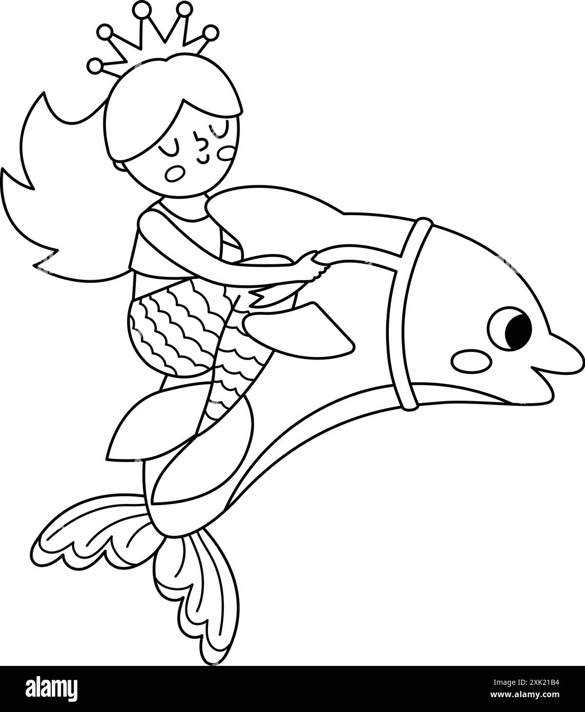 Fairy tale black and white vector mermaid riding dolphin. Fantasy girl ...