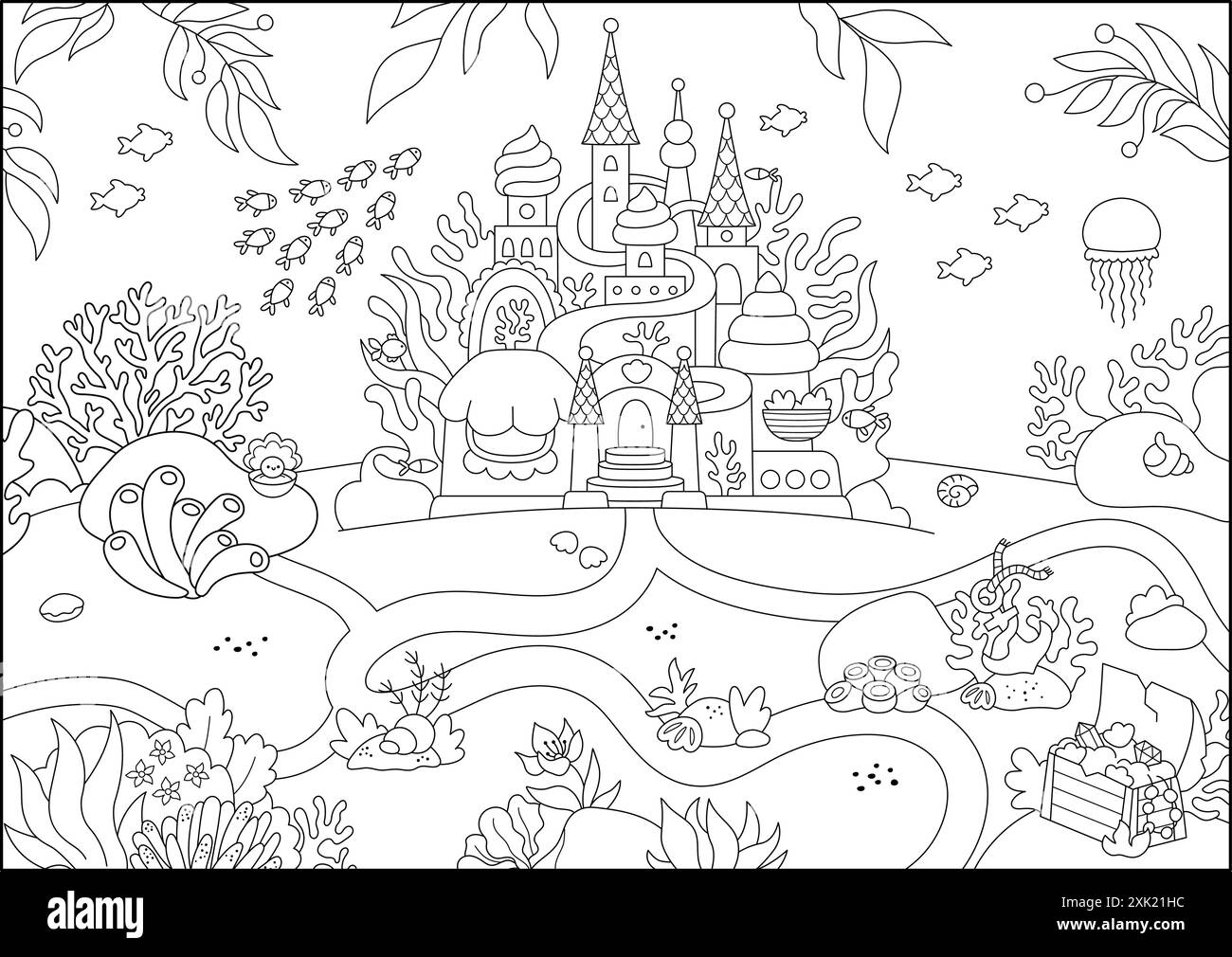 Vector black and white mermaid land landscape illustration with castle ...