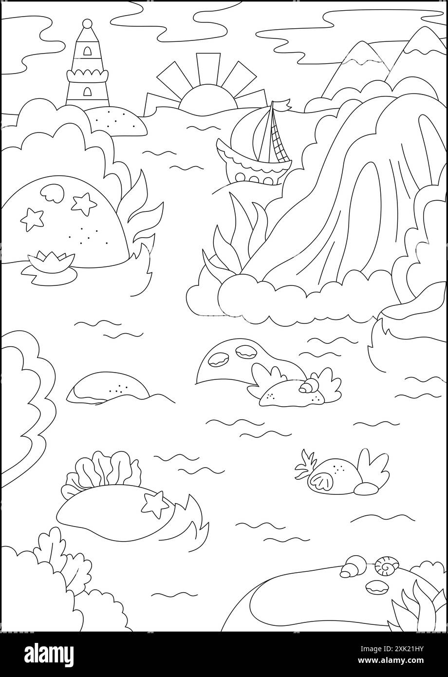 Vector black and white mermaid land landscape illustration. Marine ...