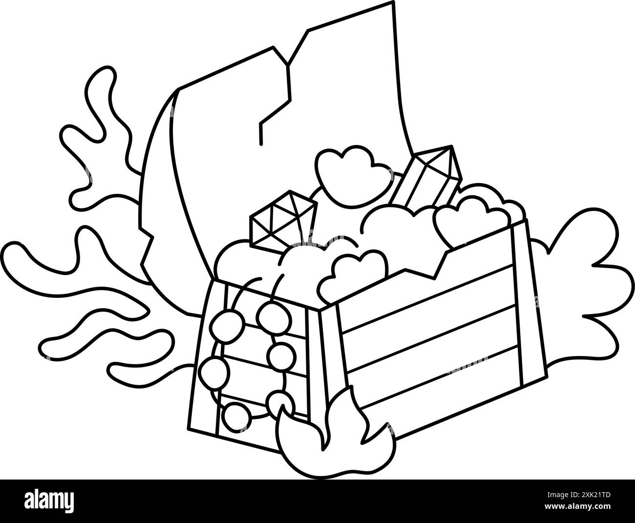 Opened black and white treasure chest with gold, seashells, beads ...